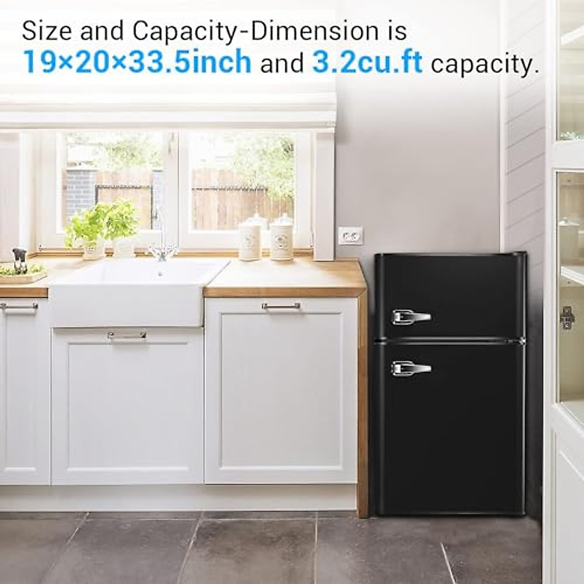 Joy Pebble Small fridge with freezer,3.2 cu.ft compact refrigerator with freezer,Mini Fridge for bedroom, Dorm or Apartment with Adjustable Removable Glass Shelves,Black