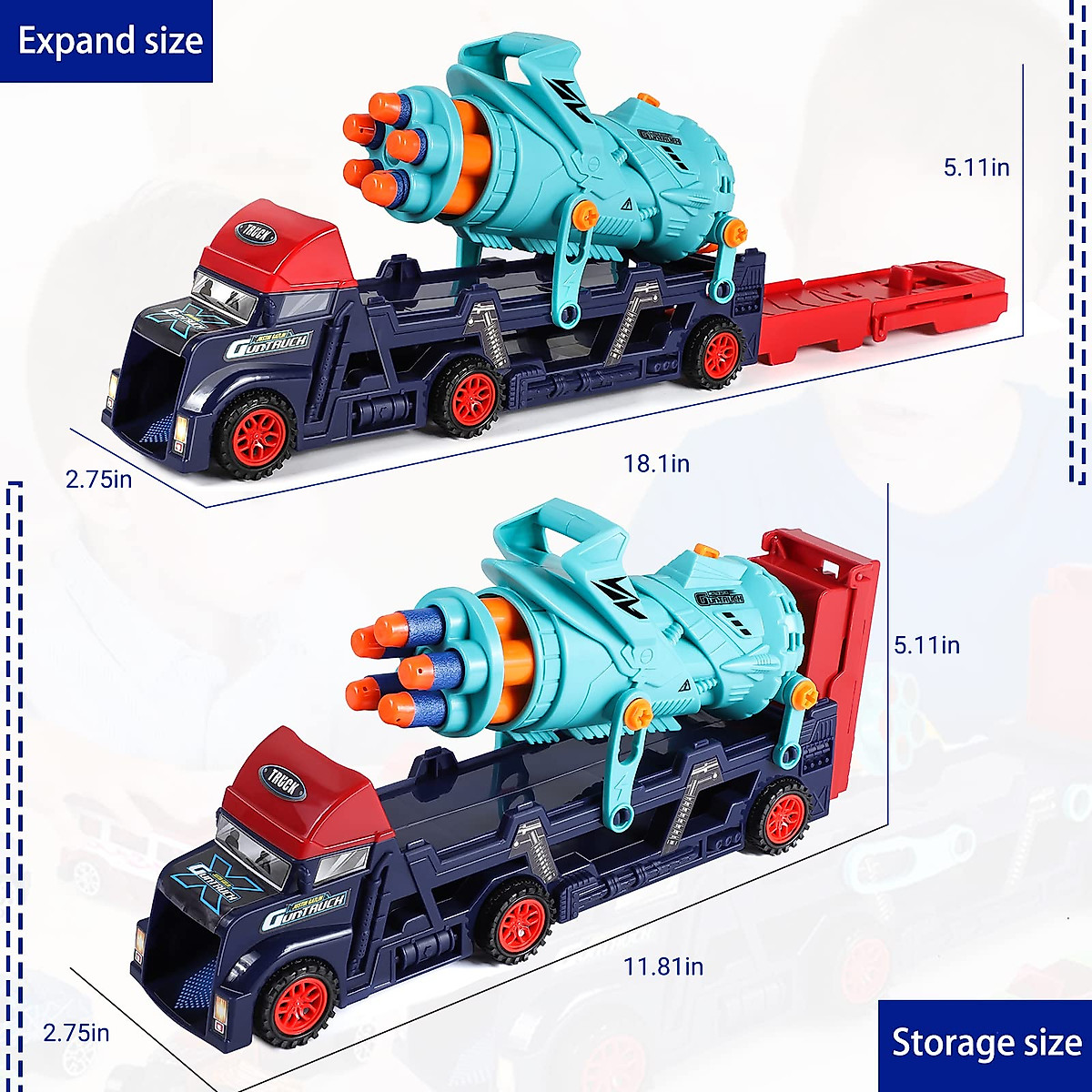 Car Carrier Truck Toys for Kids, Kids Transport Truck Carrier Toys for Boys, 4 in 1 Gatling Gun Catapult Speed Car with 8 Launch Alloy Truck, Ideal Gift for Boys for Kids Aged 3+…
