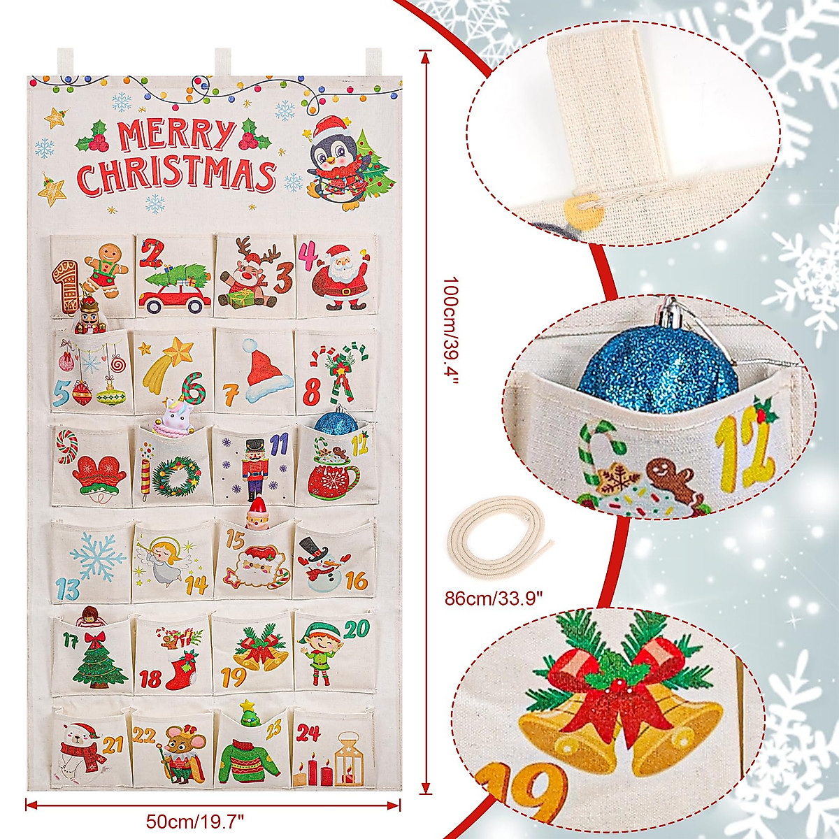 HOWAF Fabric Christmas Advent Calendar (Countdown to Christmas), 24 Days Mystery Christmas Countdown Calendar with 24 Pockets for Xmas Holiday Home Wall Decoration