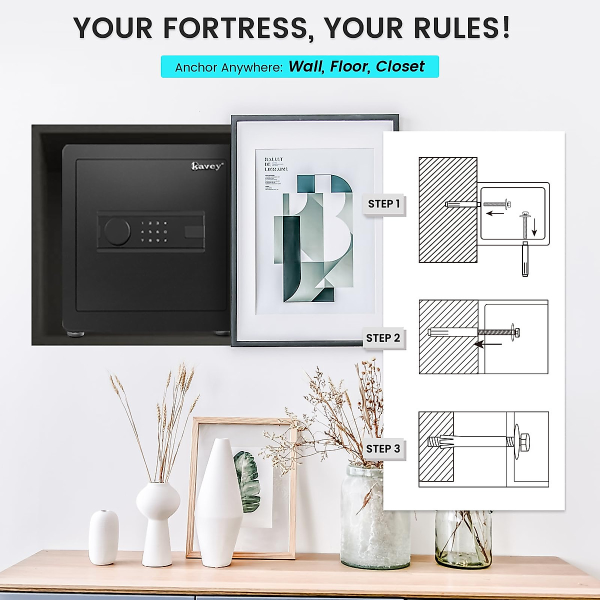 Kavey 1.6 Cub Safe Box, Home Safe with Digital Touch Screen Keypad and Sensitive Alarm System, Money Safe With Removable Shelf and LED Light, Small Safe for Money Jewelrys Documents Valuables
