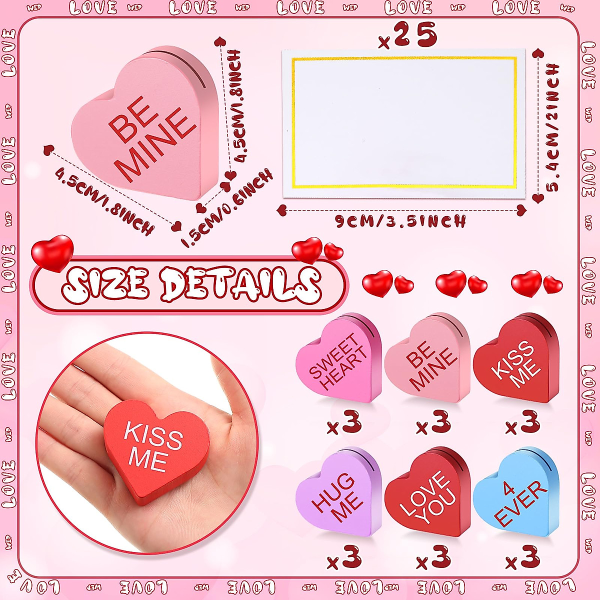 Qunclay 18 Pcs Valentine's Day Wooden Heart Place Card Holder Mini Heart Decor with 30 Pcs Gold Foil White Place Card Table Photo Number Sign Stand Holder for Place Setting Decoration(Lovely Style)