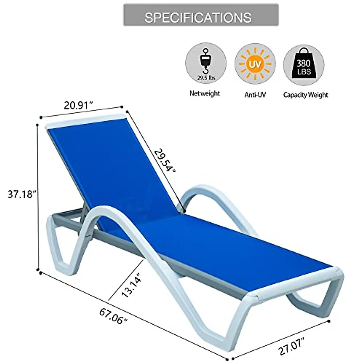 domi outdoor living Patio Chaise Lounge Adjustable Aluminum Pool Lounge Chairs with Arm All Weather Pool Chairs for Outside,in-Pool,Lawn (Blue)