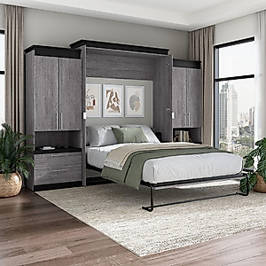 Bestar Orion Queen Murphy Bed with Storage Cabinets and Pull-Out Shelves (126W) in Bark Grey and Graphite, Sleeping Arrangement with Organization