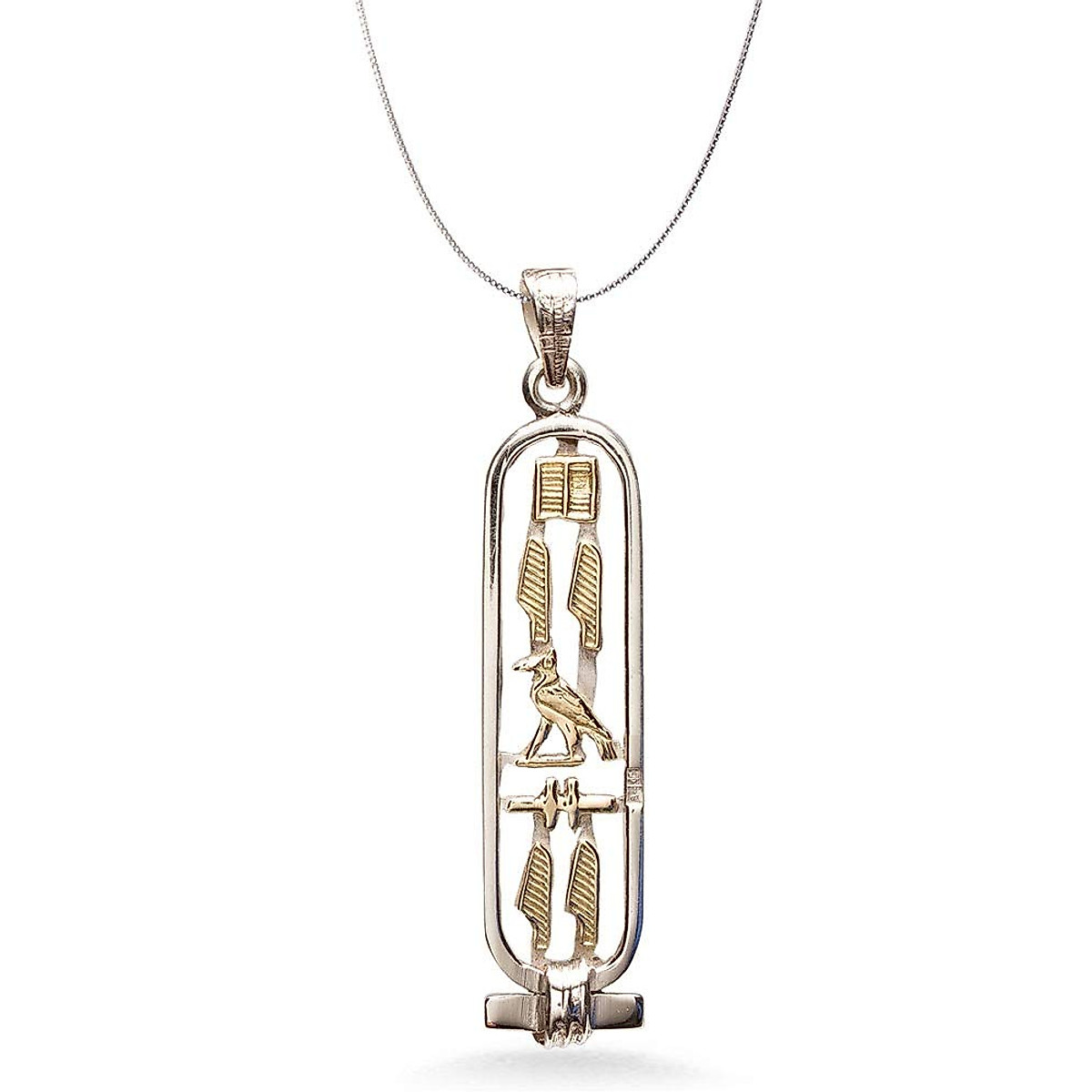 Discoveries Egyptian Imports - Handmade Sterling Silver Cartouche with PEACE Translated into 18K Gold Hieroglyphic Symbols - Open Style - Made in Egypt