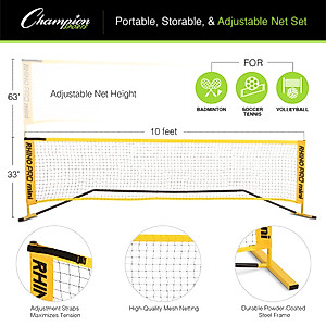Champion Sports Adjustable Racquet Sport Net: Portable 10 Foot Racket Sport Game Net for Volleyball, Tennis, Pickleball, and Badminton - Yellow