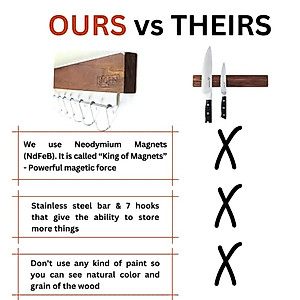 16 Inch Magnetic Knife Holder - U-Gen Real Walnut Wood Magnetic Knife Holder for Wall - Powerful Magnetic Knife Strip with Hooks - Easy to Install - Perfect for Kitchen Utensils and Knives Storage