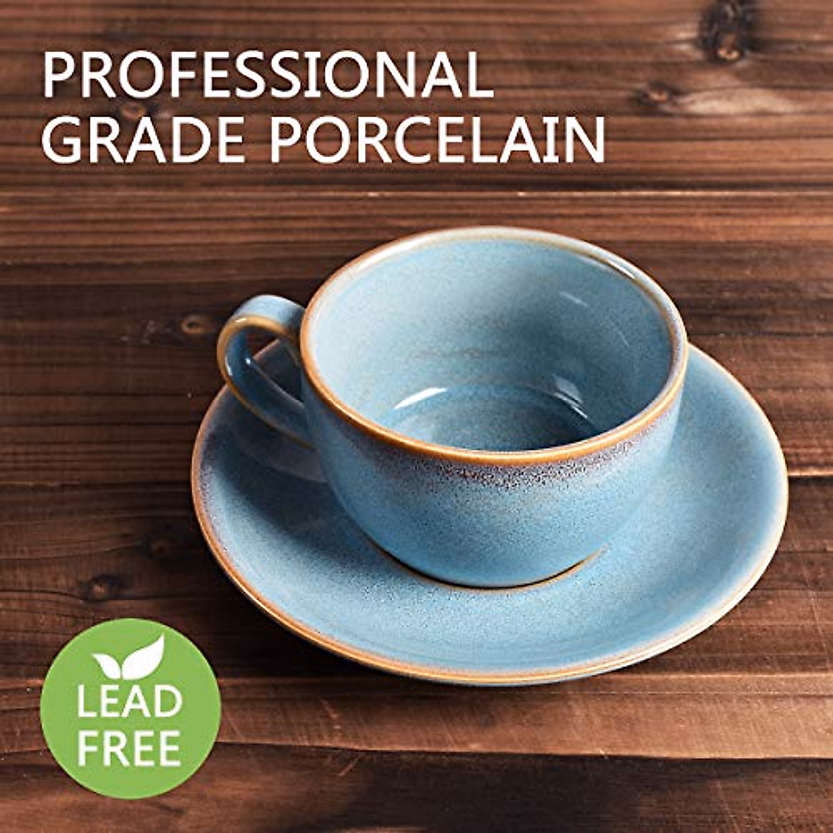 Bosmarlin Ceramic Coffee Cup Mug with Saucer Set of 2 for Latte, Cappuccino, Tea, 8.5 Oz, Dishwasher and Microwave Safe(Lake blue, 2)