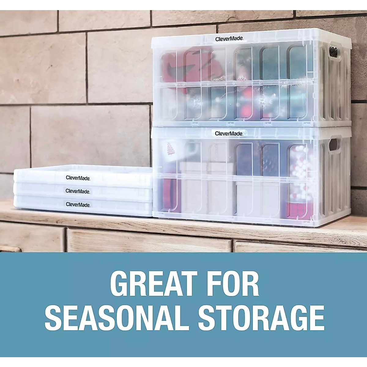 CleverMade 62L Collapsible Storage Bin, No Lid, Black/Translucent Blue.