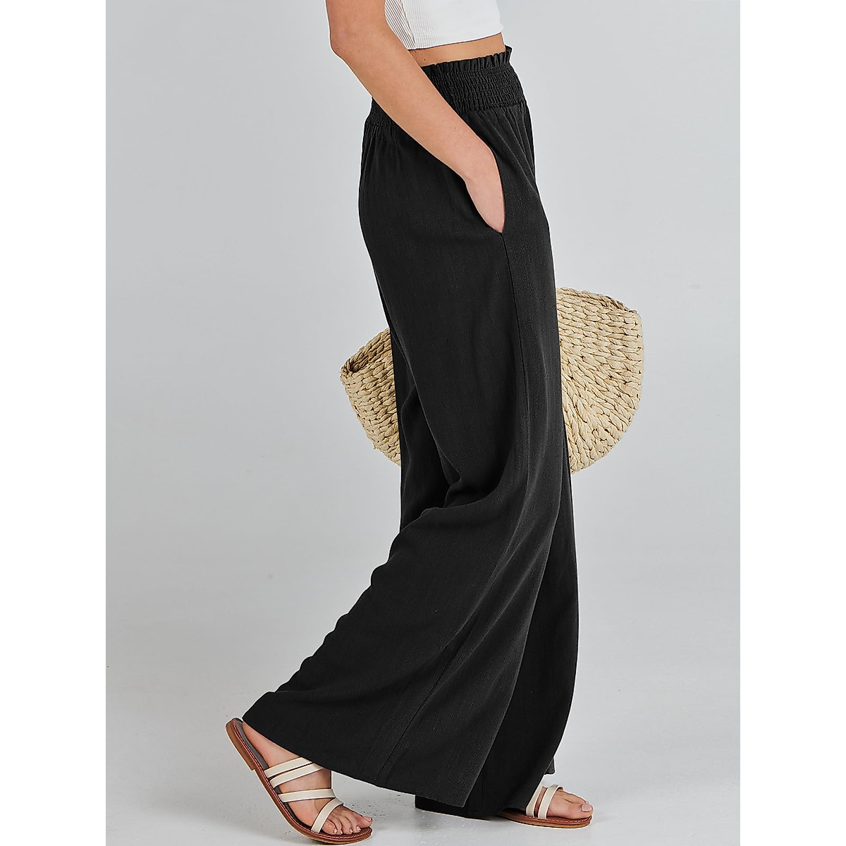 Caracilia Womens Linen Pants Wide Leg Palazzo Lounge Pant High Waisted Flowy 2024 Summer Beach Work Boho Casual Trousers Black Medium