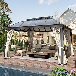 YOLENY 12'x14' Hardtop Gazebo, Permanent Outdoor Aluminum Patio Gazebo with Aluminum Composite Double Arc Roof for Patio Lawn and Garden, Curtains and Netting Included