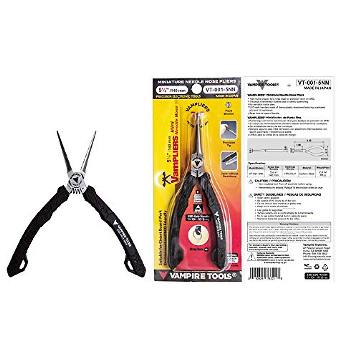 VAMPLIERS 5.5" Precision Tip Carbon Steel Mini Needle Nose Pliers with No Serrated Jaws. ESD safe, ideal for precision work on SMD. Made in Japan: VT-001-5NN