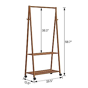 MoNiBloom Bamboo Garment Rack with Wheels Coat Rack Stand Clothes Rack with 2-Tier Storage Rack for Bedroom Living Room Entryway Home Office (Length 29.5", Brown)