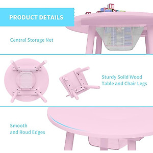 cuoote Kids Table and Chair Set, Wood Kids Table and 2 Chair Set, Round Toddler Table with Center mesh Storage, for Boys and Girls (Pale Pink)