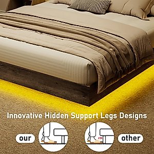 LUXOAK Full Size Floating Bed Frame, Farmhouse Platform Bed Frame with Headboard and LED Light/No Box Spring Needed/Noise Free/Easy Assembly, Rustic Grey