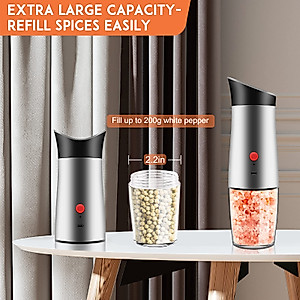 MOVNO Salt and Pepper Grinder Set USB Gravity Electric, Pepper Grinder Refillable Rechargeable, Salt and Pepper Mill, Automatic Powered with Ceramic Grind LED Light, Auto Peppercorn Shaker-Set of 2
