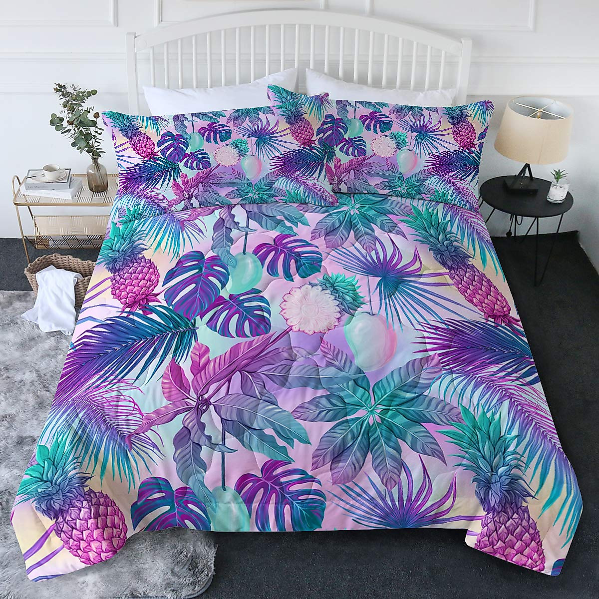 BlessLiving Tropical Watercolor Comforter Set 3 Piece Neon Hawaiian Mango Pineapple Fruit Bed Sets Pastel Pink Turquoise Violet Ultra Soft Palm Leaves Print Bedding (Twin/Twin XL)