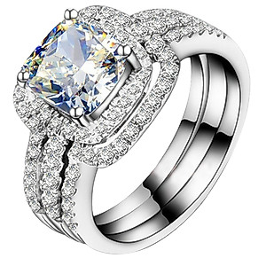 THREE MAN White Gold Plated 2CT Cushion Engagement Ring Wedding Bands NSCD Simulated Diamond Rings Set Women
