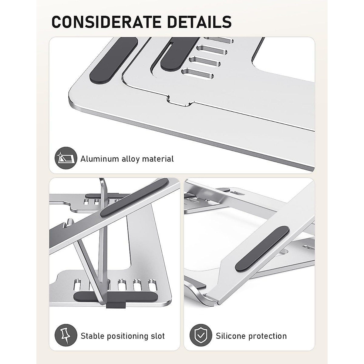 ACEMAGIC Laptop Stand, Aluminum Computer Riser, Ergonomic Laptops Elevator for Desk, Metal Holder Compatible with Notebook Computer Under 17.3 Inches, Silver