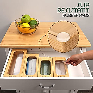 Wolfline Ziplock Bag kitchen drawer organizer, Bamboo plastic bag holder, Premium food storage bag organizer for gallon quart sandwich and snack, Bigger box size for quart slider bags, Silicone grip pad, 4pcs bamboo drawer organizer