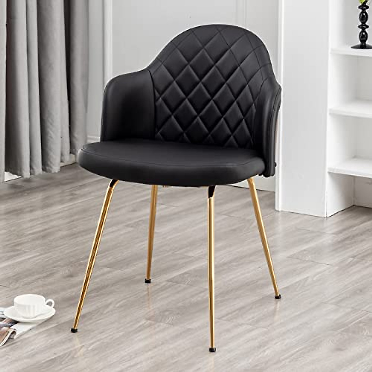 WUPOTO Dining Chairs Set of 2, Modern Upholstered Kitchen & Dining Room Chairs with Golden Metal Legs, Faux Leather Upholstery, Curved Back (Black1)