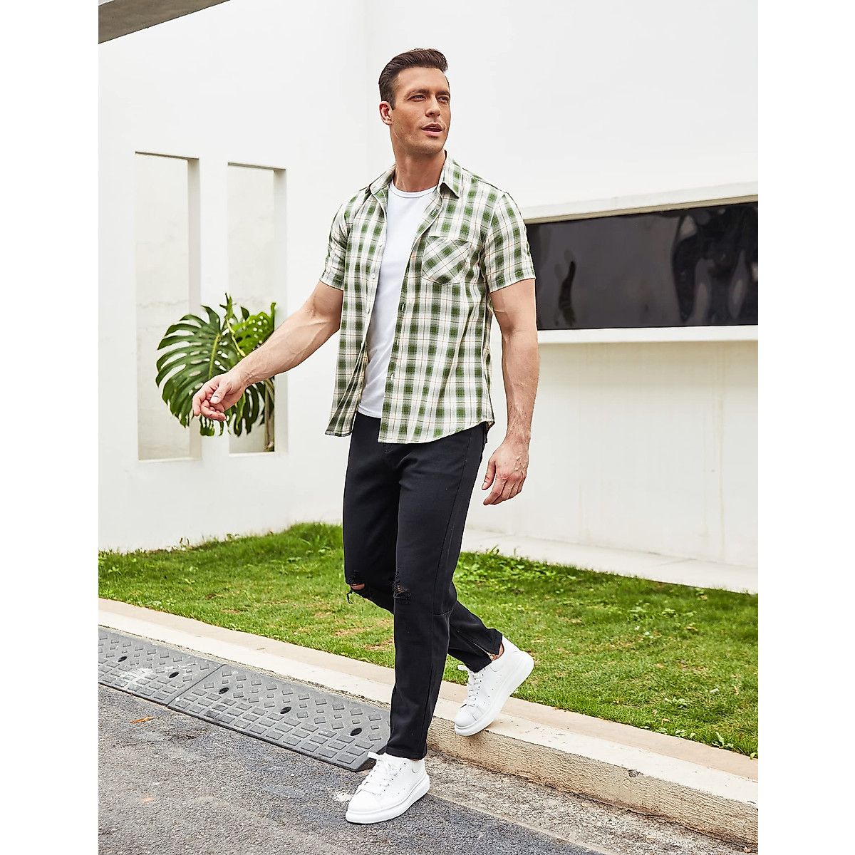 COOFANDY Men's Short Sleeve Plaid Dress Shirt Classic Fit Wrinkle-Free Casual Button Down Checked Shirts with Pocket Green, Large