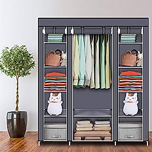 Knocbel 69" Tall Freestanding Closet Organzier Clothes Garment Rack Dustproof & Waterproof Fabric Cover with Storage Shelves & 1 Hanging Rod (Gray)