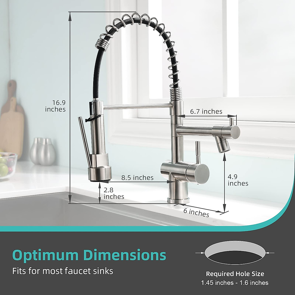 Kicimpro Faucet for Kitchen Sink, Commercial Kitchen Faucet with Pull Down Sprayer Brushed Nickel Spring Single Handle High Arc Stainless Steel Kitchen Bar Sink Faucet 1 Hole Or 3 Hole Compatible