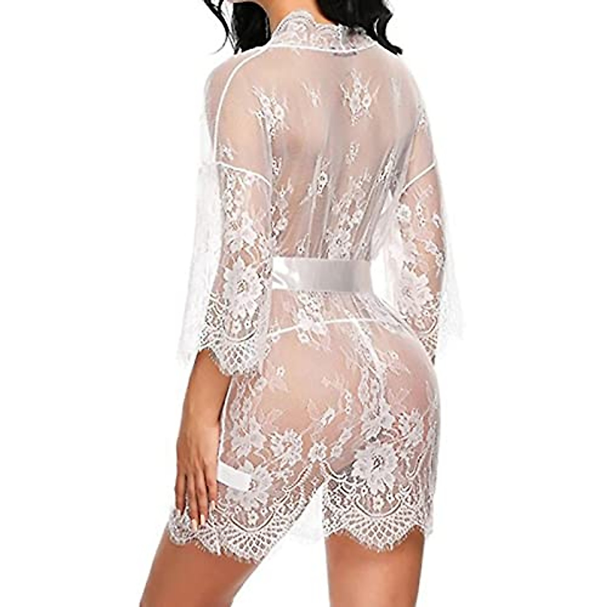 Qopobobo Sexy Lengerie for Women Naughty Women's Lace Kimono Robe Long Sleeve Mesh Lingerie Nightgown Dress with Belt