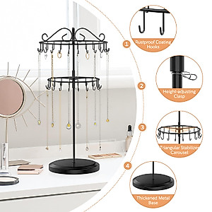 iDavosic.ly 2 Tier Rotating Necklace Organizer, Adjustable Metal Necklace Holder with 42 Hooks, Extra Tall Bracelet Keychain Spinning Display Stand Tree Tower for Women Girl, Black