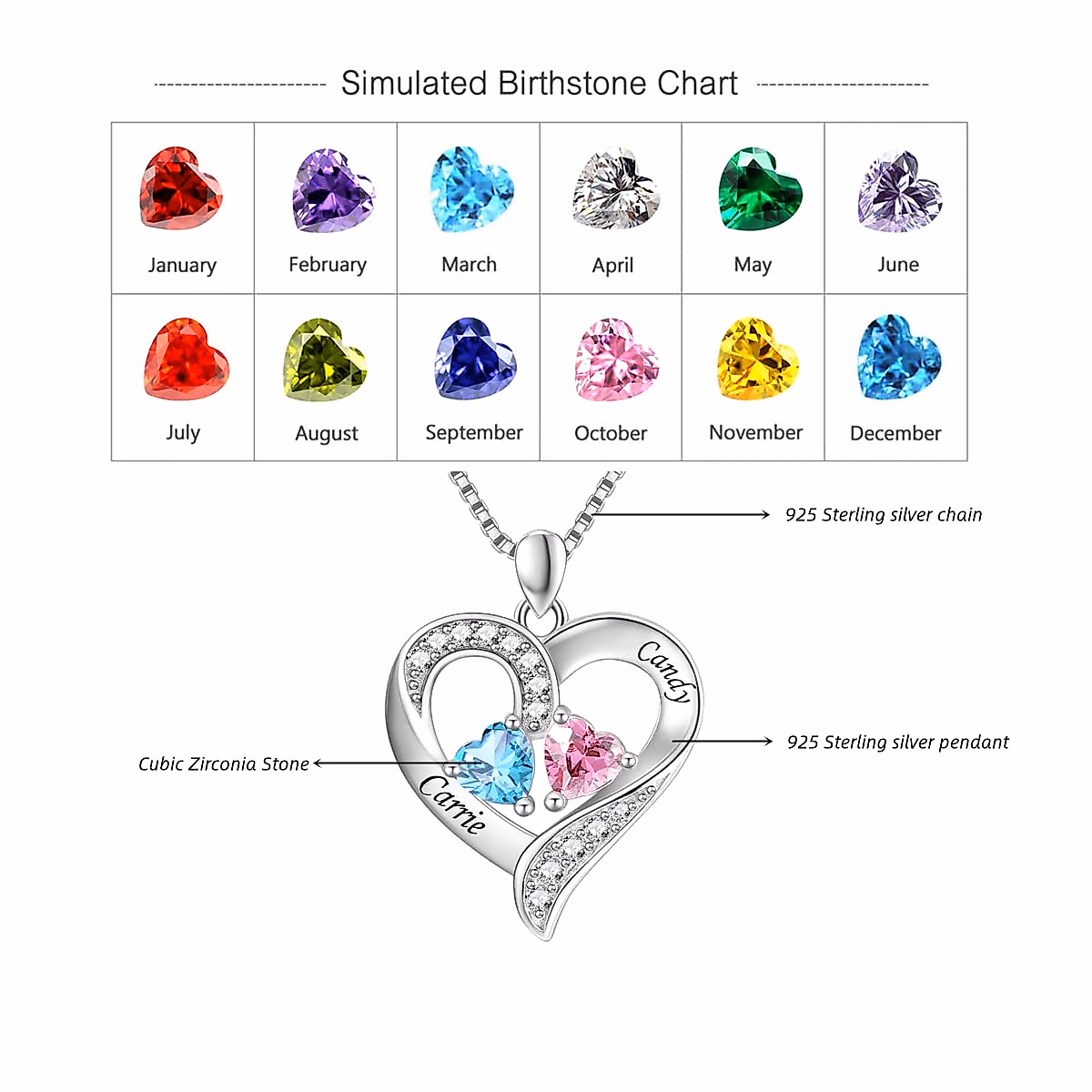 MissNity Sterling Silver Personalized 2 Heart Simulated Birthstone Engraved Names Necklace for Women Mother Pendant Jewelry (Silver - Box chain (CZ))