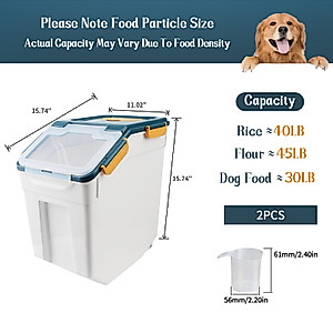 Qiveno 2 Pack Rice Storage Container with Measuring Cup 50 lb Flour Storage Container with Wheels, BPA Free Food Storage Container Dog Cat Food Bin Set for Dry Food Sugar, Cereal(Blue)