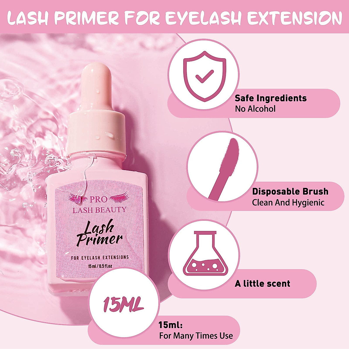 Lash Primer for Eyelash Extensions, 15ML Eyelash Primer, Lash Extension Primer Pre-Treatment Protein Clean Natural Lashes Increase Glue Bonding Retention Special Dropper (Clear, 15ml)