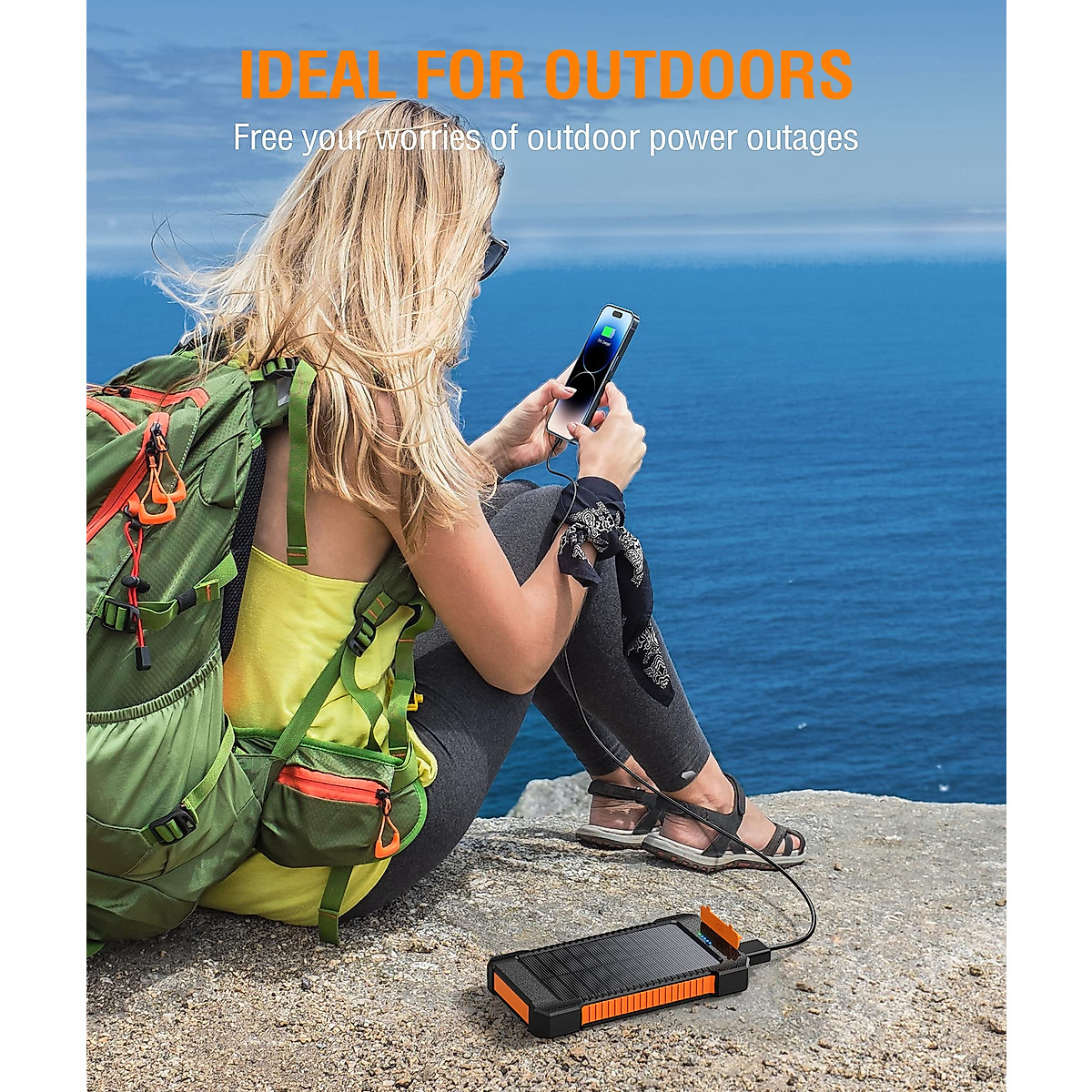 MetFut Solar Power Bank 38800mAh, Solar Charger with Suction Cup Mount Three Modes Flashlight-Steady/SOS/Strobe IPX7 Waterproof/Dustproof/Shockproof External Battery Pack 3 USB Charging Ports(Orange)