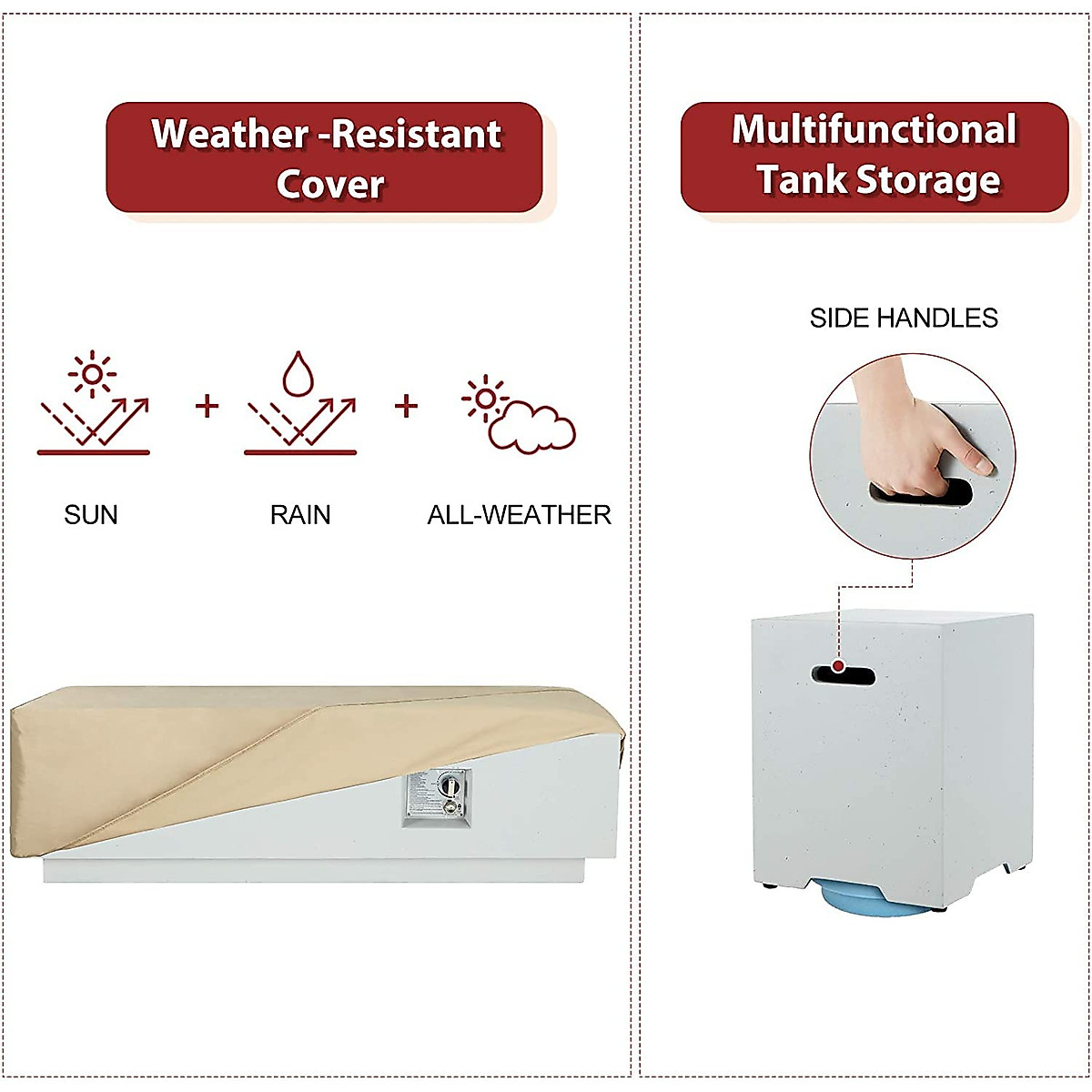 ECOTOUGE 2-Piece 56" Outdoor Rectangle Propane Fire Pit Table with Tank Holder, 50,000 BTU Concrete Fire Table with Weather-Resistant Pit Cover, Auto-Ignition, Free Lava Rocks, Fits 20lb Tank, White