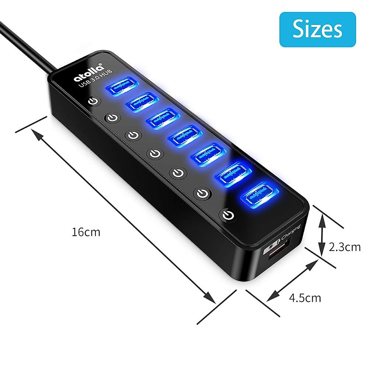 Powered USB Hub 3.0, Atolla 7-Port USB Data Hub Splitter with One Smart Charging Port and Individual On/Off Switches and 5V/4A Power Adapter USB Extension for MacBook, Mac Pro/Mini and More.