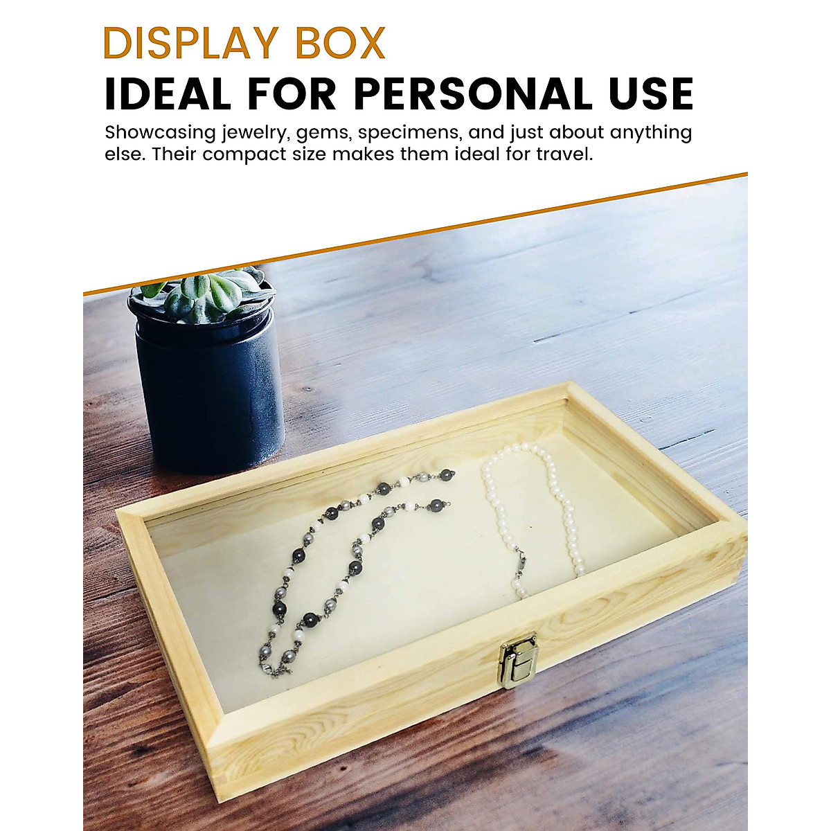Novel Box Jewelry Display Case Wood 14.75x8.25x2.1 Large Glass Jewelry Box with Lid - Display Cases for Collectibles - Rock Collection Box with Metal Clasp - Gem Display Case