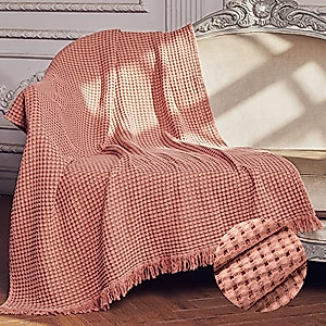Amélie Home 100% Cotton Waffle Knit Throw Blanket, Soft Lightweight Blanket with Tassels, Decorative Breathable Textured Throw Blankets for Couch Bed Sofa, 50x60, Coral