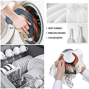 Kitchen Towels Dish Towel Set of 3,Abstract Geometric Mid Century Tropical Leaf Absorbent Hand Towels Cleaning Dishcloth Tea Towels,Terracotta Color Block Minimalist Reusable Drying Dish Cloths