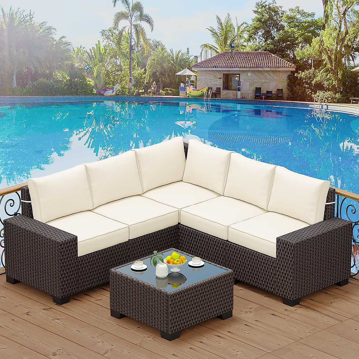 GAOMON 6 Piece Patio Furniture Sets,Outdoor Patio Sofa,Rattan Furniture Set with Glass Table,Wicker Sectional Sofa Conversation Couch,Cushions and Beige Pillows,for Lawn, Garden, Backyard