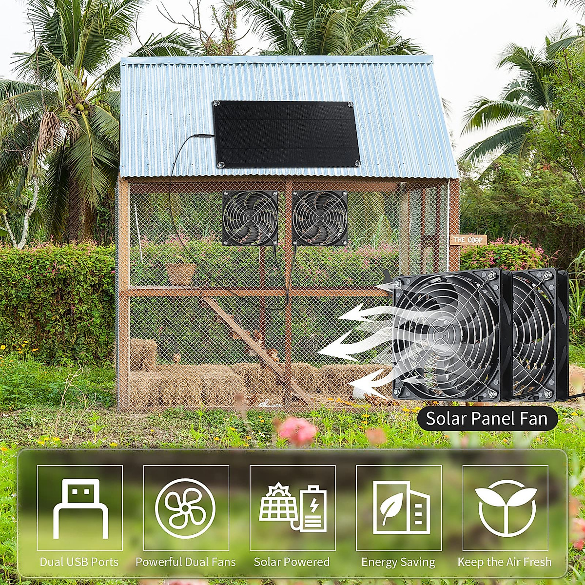 10w 12v Solar Panel Dual Fans Kit Waterproof Outdoor Solar Powered Exhaust Ventilation Fan Dual USB Portable Solar Attic Fan for Chicken Coop Greenhouse Shed PET Houses Window (1 Set)