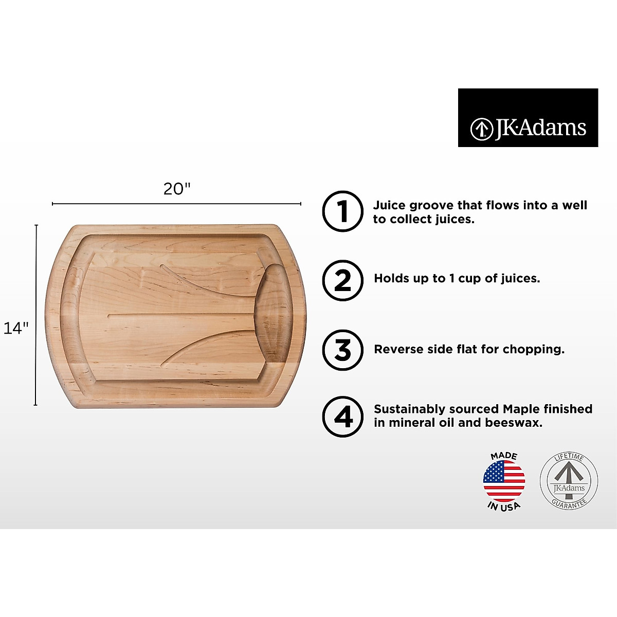 J.K. Adams Maple Carving Cutting Board, 20-Inch-by-14-Inch
