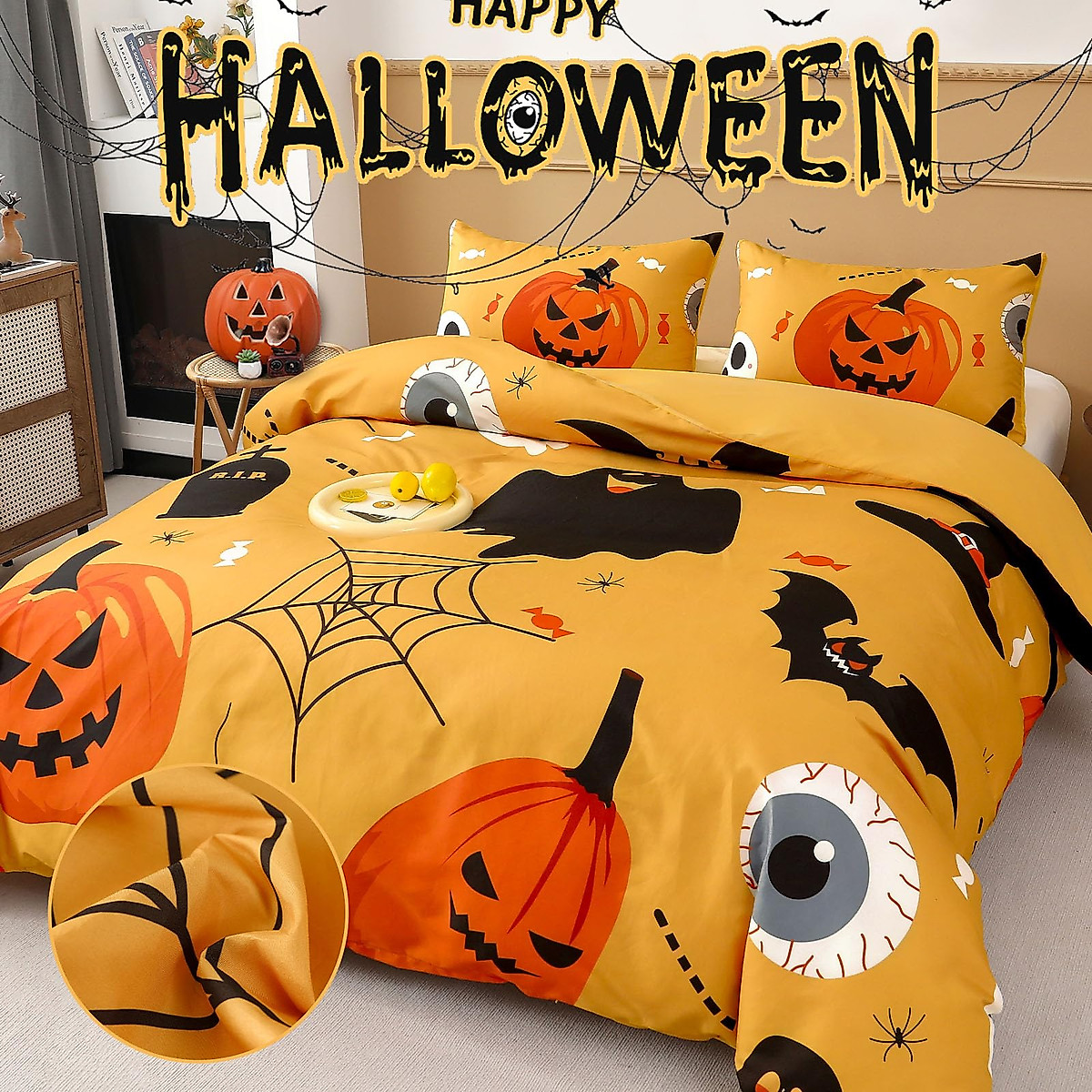 Luxudecor Halloween Duvet Cover Set King Size Pumpkin Orange Bedding Set with Pumpkin Ghost Duvet Cover Set,Halloween Festival Themed Bedding Set for All Seasons (3pcs, 104"x90")