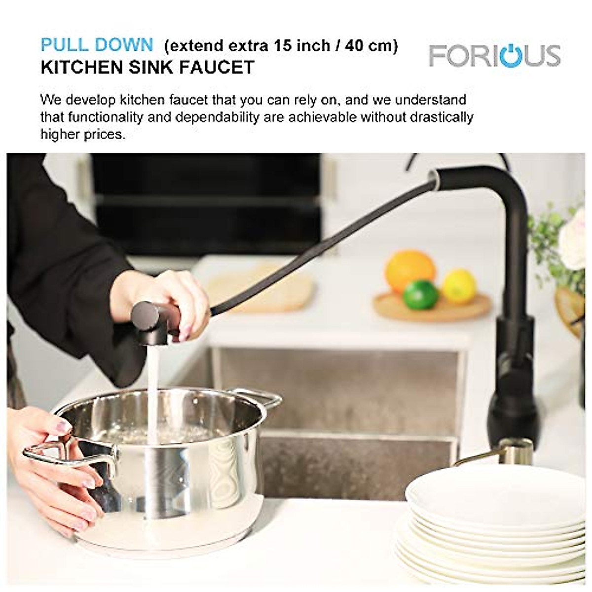 FORIOUS Matte Black Kitchen Faucets with Pull Down Sprayer, Single Handle Kitchen Sink Faucet with Pull Out Sprayer