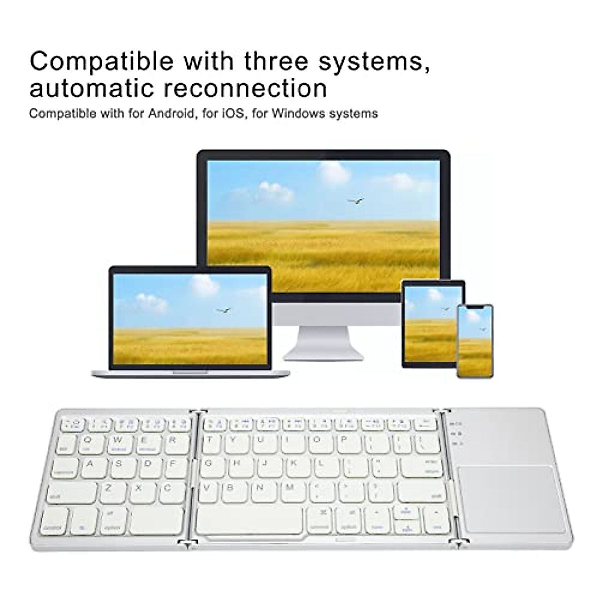 LMOLING Folding BT Keyboard, Wireless Portable Keyboard, 63 Keys Metal Ultra Thin Mini Folding Keyboard with Touchpad for Tablet Smartphones(Silver)