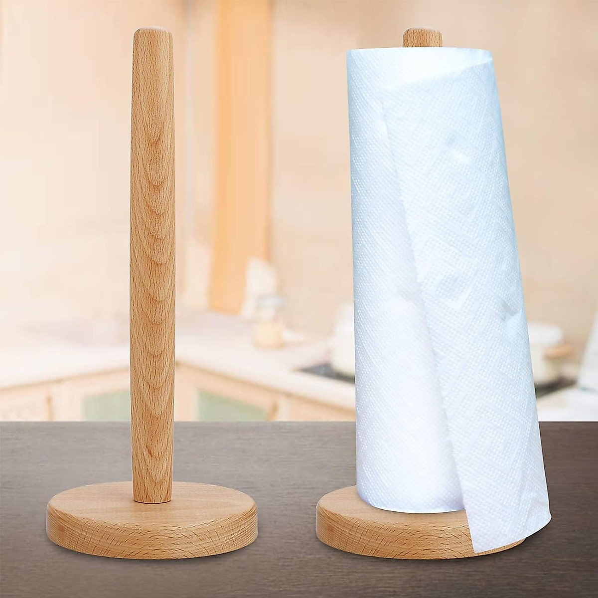 Paper Towel Holder ,DNIEBW Kitchen Paper Hanger Rack Bathroom Towel Roll Stand Organizer Simply Standing Countertop Wooden Paper Roll Holder for Cabinet,Table (Round Bottom)
