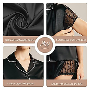 AW BRIDAL Black Pajamas Set for Women Satin Bridal Pajamas for Bride Bridesmaid Silk Button Down Pjs Set 2 Pieces, Black L
