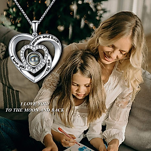 LONAGO I Love You in 100 Languages Heart Necklace Heart in Heart Projection Necklace Sterling Silver Gift for Women