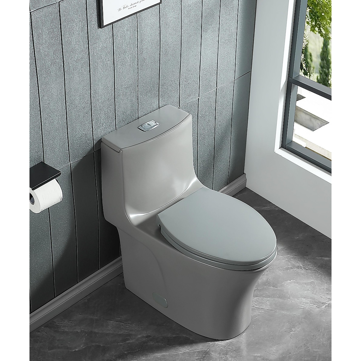 One Piece Toilet Dual Flush Elongated Standard Modern Toilet 1.1/1.6 GPF Soft Close Seat Save Water Powerful & Quiet - Gray, 27.5"D x 14"W x 28.6"H