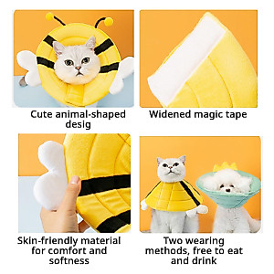 MANON ROSA Cat Cone E-Collar: Soft After Surgery Elizabethan Collar Adjustable Cute Animal Design for Dogs Cats Puppies Kittens Rabbits Bunnies Prevents Licking (Bee,M)