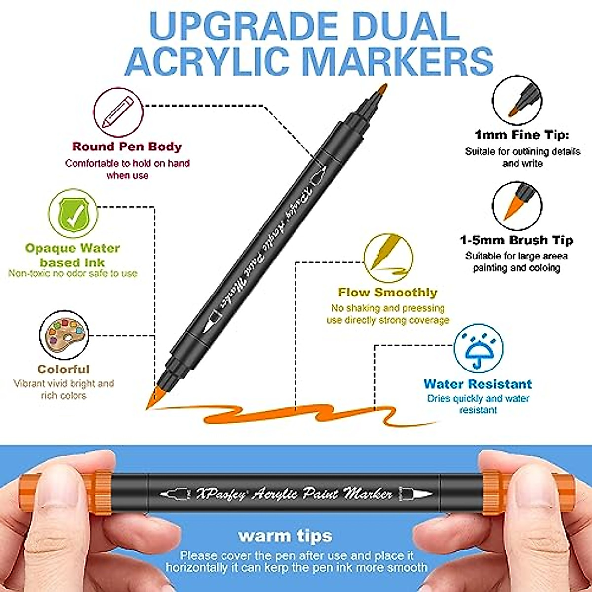 XPaoFey 38 Dual-tip Acrylic Paint Markers with Brush & Fine Tips, Acrylic Paint Pens for Rock Painting, Ceramic, Stone, Glass, Plastic, Wood, Calligraphy, Canvas & DIY Craft Art Supplies